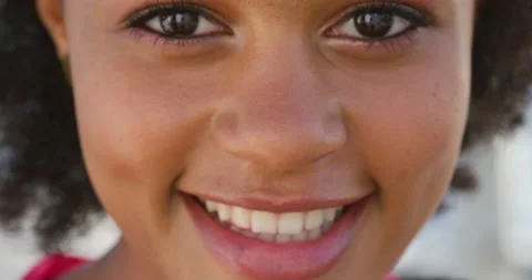 Zoom face, gen z girl and happy smile ou... | Stock Video | Pond5