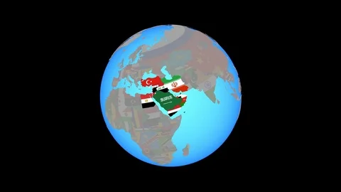 Zoom to Middle East with flags on map | Stock Video | Pond5