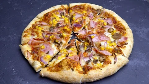 zoom in. pizza with mushrooms and bacon ... | Stock Video | Pond5